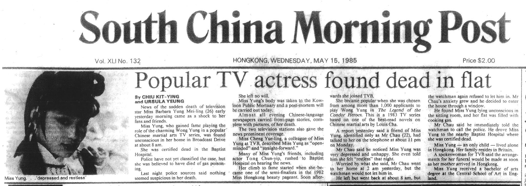 When Hong Kong TV actress Barbara Yung died in May 1985, and 6,000 fans ...
